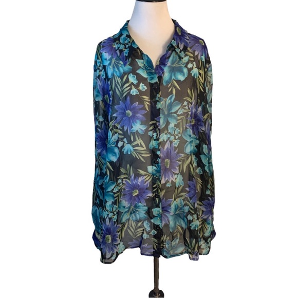 Vintage | Tops | Vintage Jm Collection Sheer Floral Button Down Shirt ...